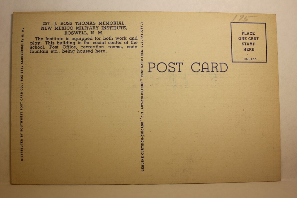 Postcard J. Ross Thomas Memorial New Mexico Military Institute Roswell ...