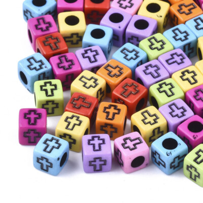 50 Cross Beads Rainbow Cube Spacers Acrylic Religious Catholic Findings ...
