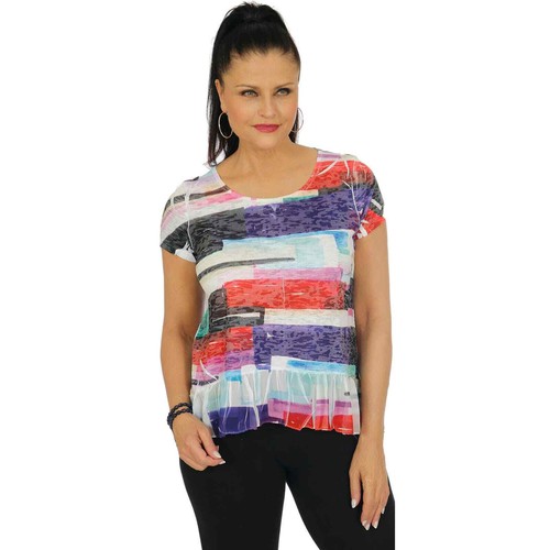Impulse Women's Stripe Print Top Size S Abstract Dressy T-Shirt Ruffle ...