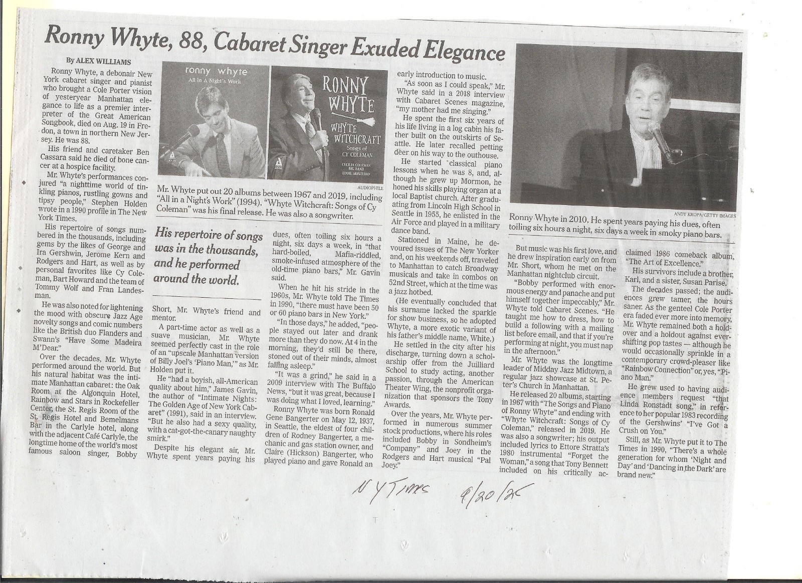 Ronny Whyte Obituary - New York Times Sept 20. 2025-Cabaret Singer | eBay