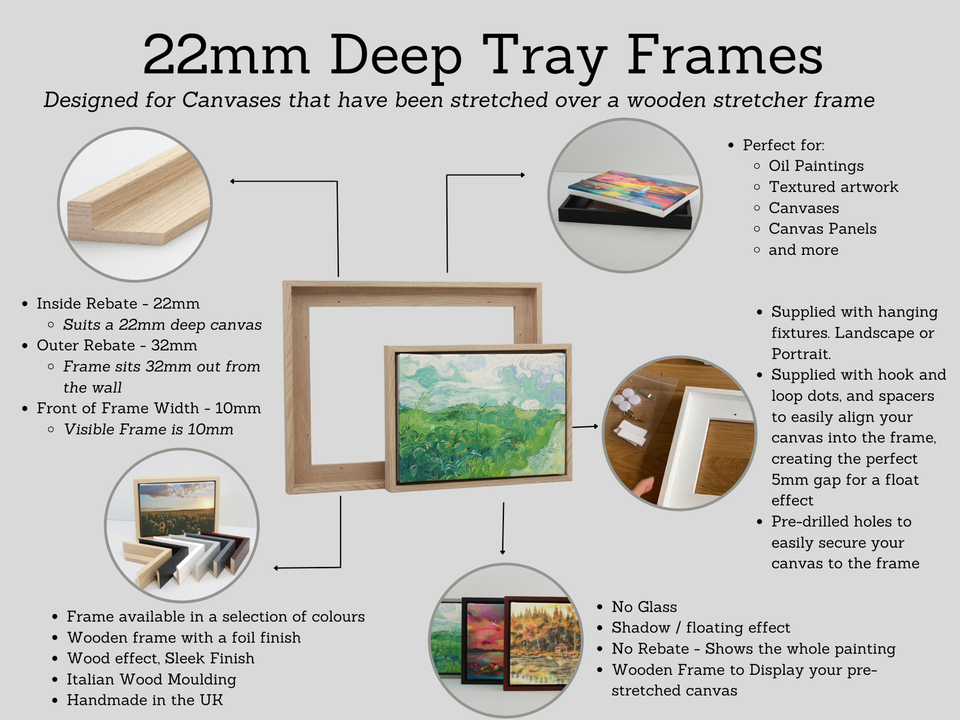 Oak Colour Wooden Tray Frames. 22mm Deep. Standard Size. Floating ...