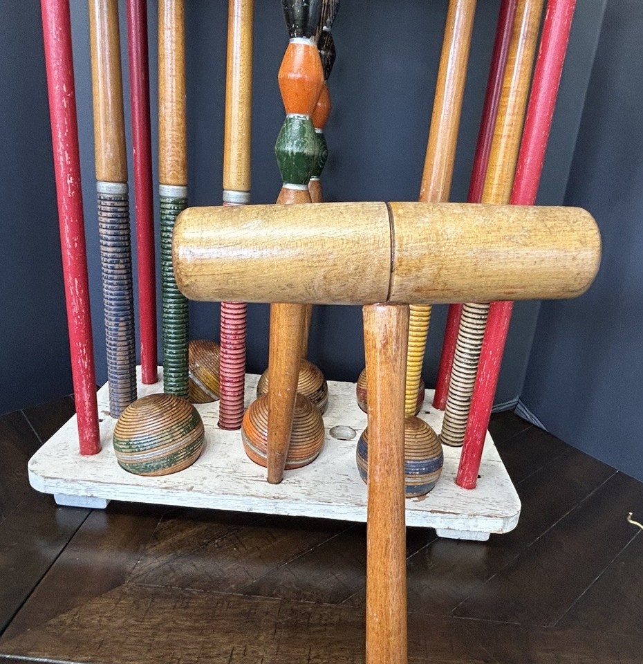 Antique Wood Croquet Set W/ 6 Mallets Stand 9 Stakes 6 Balls Lacquer ...