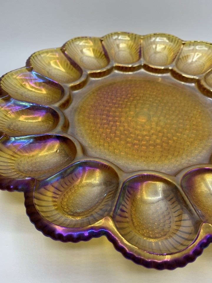 Vintage Carnival Glass Deviled Egg Dish Plate Iridescent Hobnail Amber ...