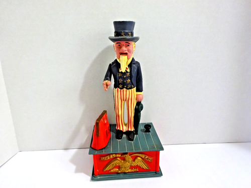 Vintage Cast Iron Uncle Sam Mechanical Coin Piggy Penny Bank WORKS ...