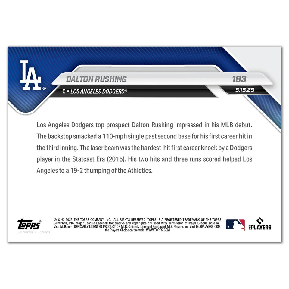 Dalton Rushing - 2025 MLB Topps NOW - Card 183 - 1st HIT DEBUT RC | eBay