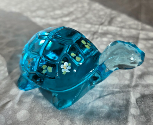 Vintage Fenton Blue Topaz 2002 Turtle Hand Painted Aqua Transparent ...