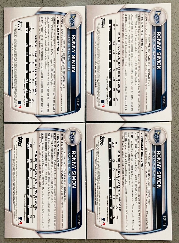 Ronny Simon 4x Lot 2023 Bowman Chrome 1st Prospects Baseball #BCP-112 ...