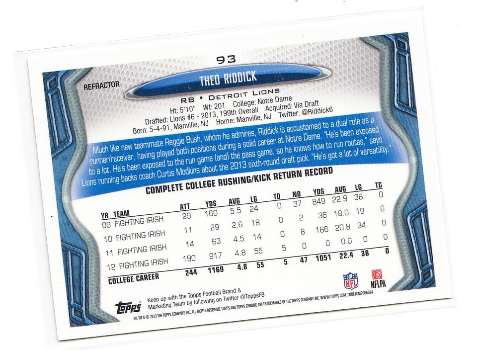 2013 Topps Chrome Blue Wave Refractor Lions Football Card #93 Theo ...