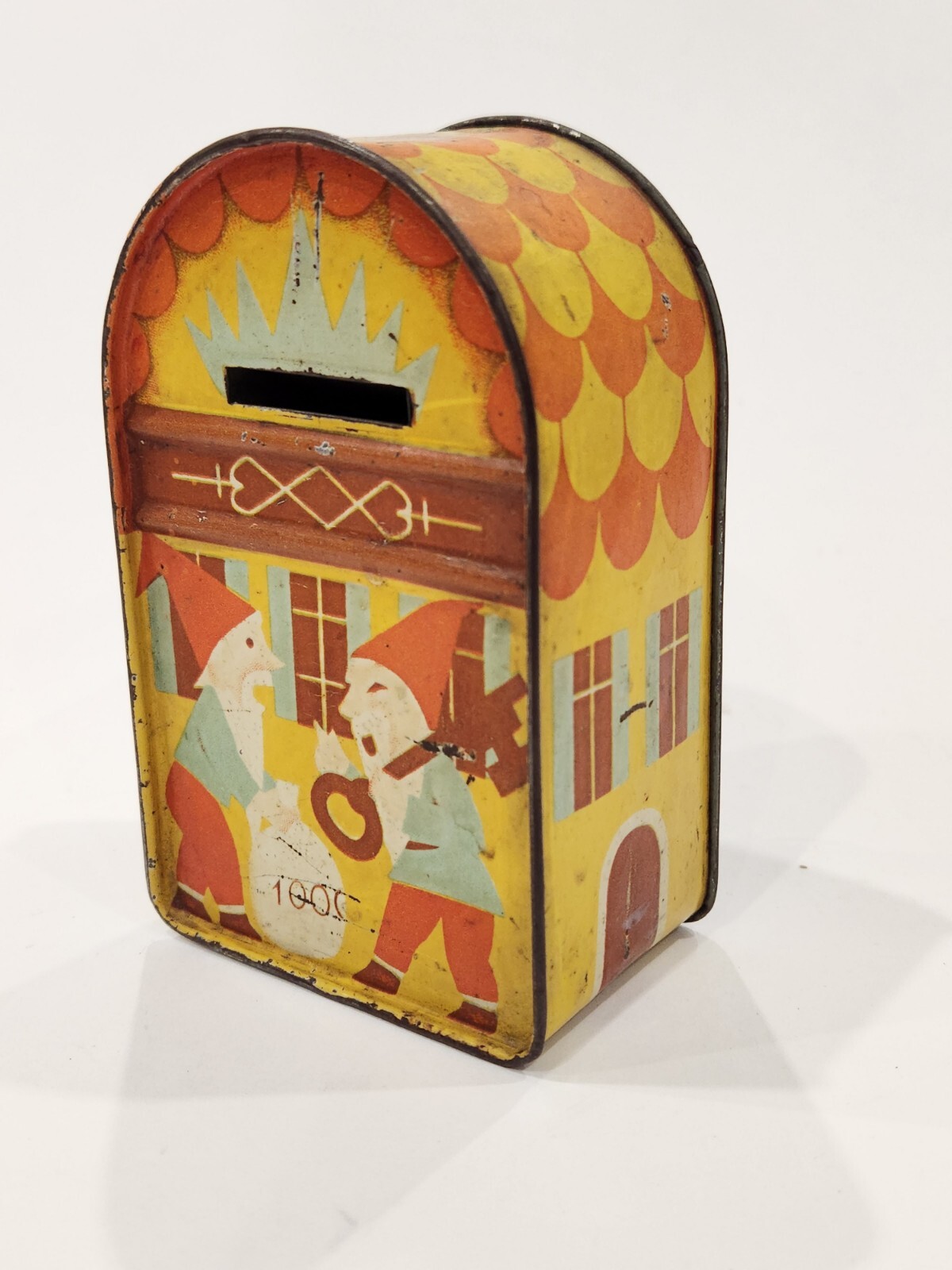 Vintage Antique Tin Litho Dime Coin Bank WITH KEY - Gnomes with Money ...