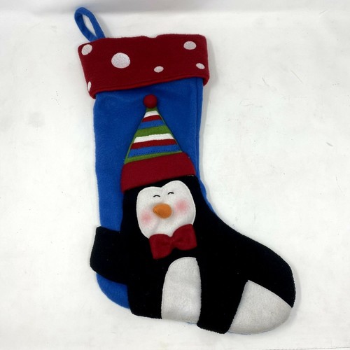 Fleece Penguin Christmas Stocking Blue Red White Fuzzy | eBay