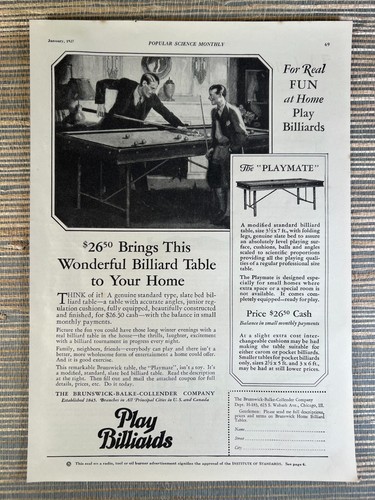 Brunswick Balke Collender Billiard Table Pool Chicago IL 1927 Vintage ...