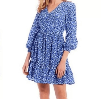 ELIZA J Blue White Cherry Summer Dress Sz 4 Ruffle Vneck Long Puff ...