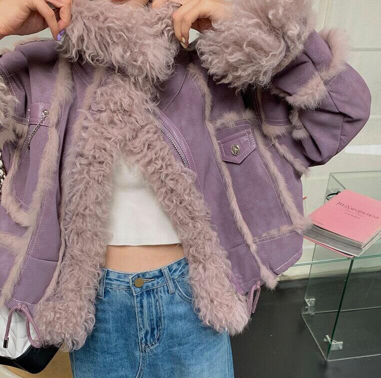 Rabbit Fur Coat Women's Short Biker Jacket Lamb Fur Collar Punk Leather ...