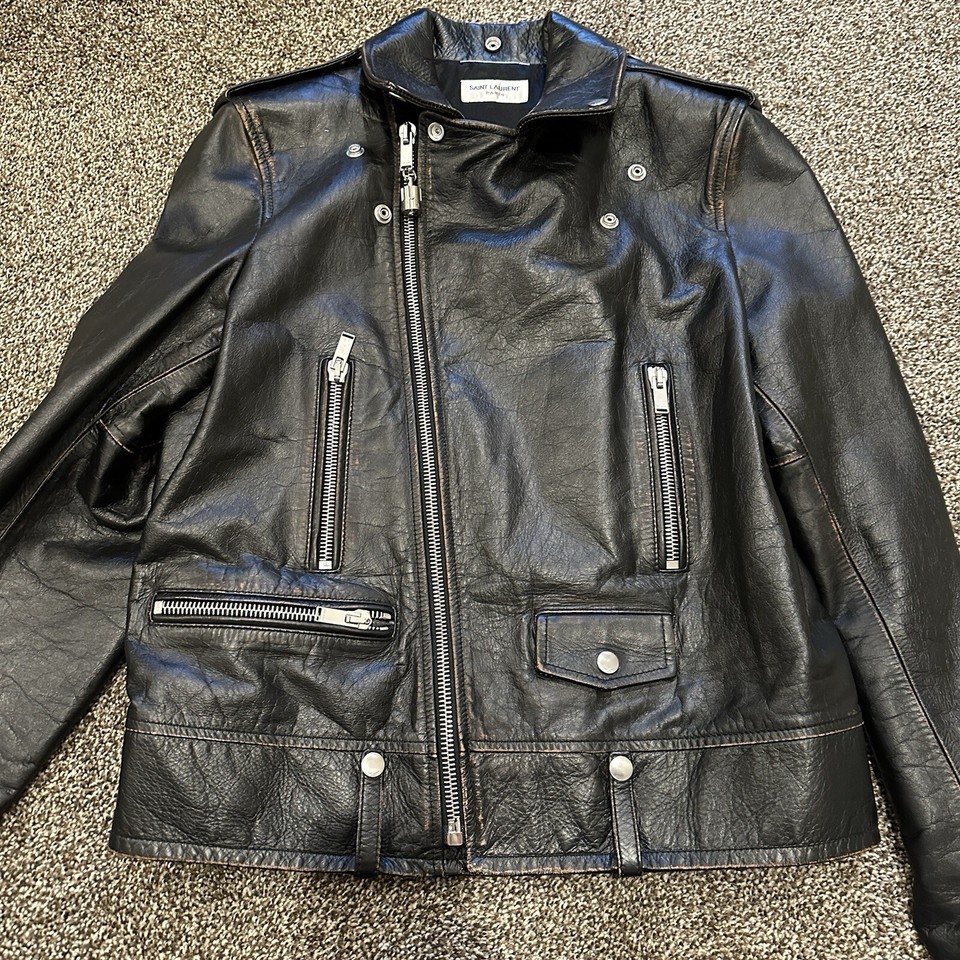Saint Laurent Black Leather Biker Jacket Size Medium Moto Made In Italy ...