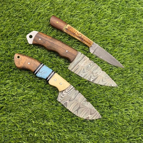 3 PCS Handmade Damascus Hunting Knives – Skinning & Camping Knife Set W ...