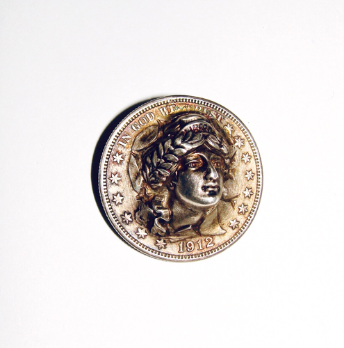 1912 BARBER HALF DOLLAR REPOUSSE COIN 3D BROOCH PIN ANTIQUE LADY ...