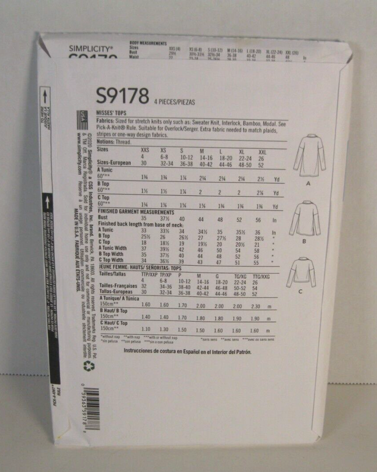 Simplicity 9178 Knit Tops & Tunics Pattern Misses' XXS-XXL (4-26) Uncut ...