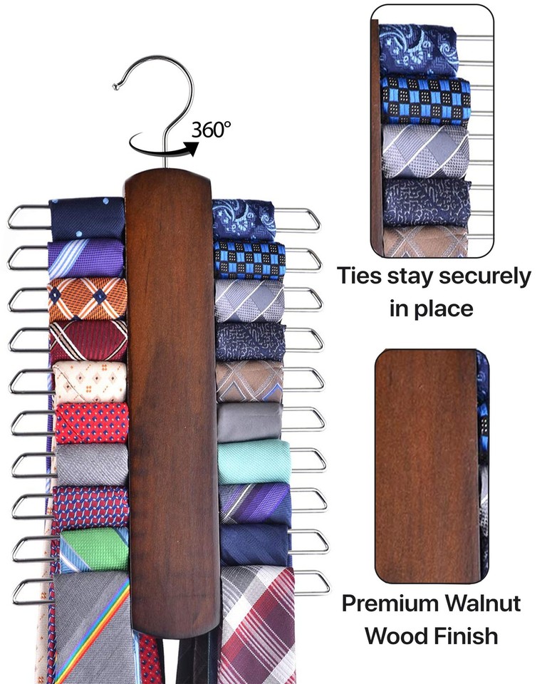 Wood Tie Rack Holder Necktie and Belt Hanger with 20 Non-Slip Clips | eBay