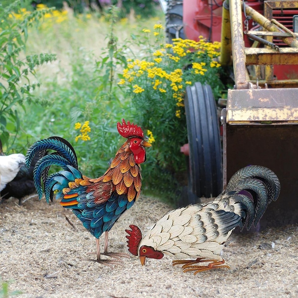 Shorayn Metal Rooster Statues, Outdoor Garden Statues, Metal Chicken ...