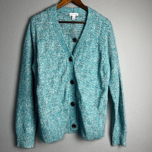 Susan Graver Turquoise Marled Open Knit Button Front Cardigan Sweater ...
