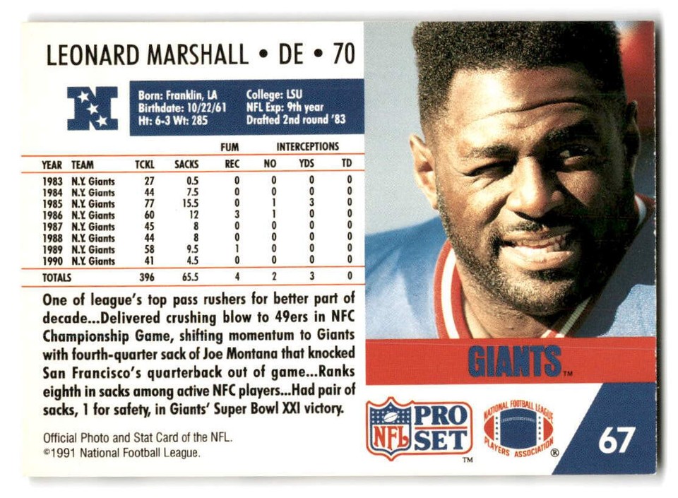 Leonard Marshall 1991 Pro Set FOOTBALL #67 New York Giants | eBay