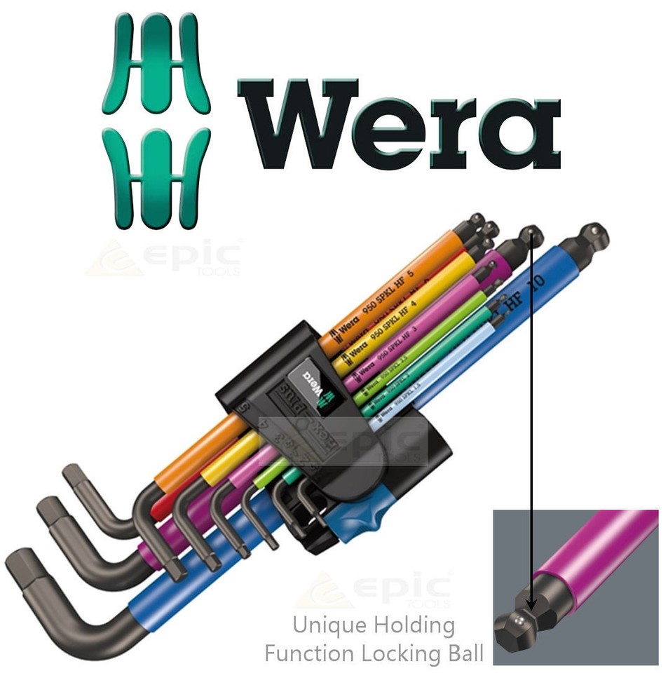 Wera HOLD FUNCTION Hex-Plus 9 Pce Multi Colour Ball-End Hex Allen Key ...