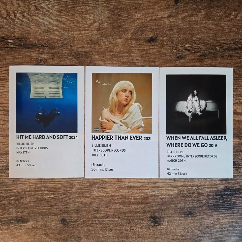 3 piece Billie Eilish mini posters / prints featuring her albums listed ...