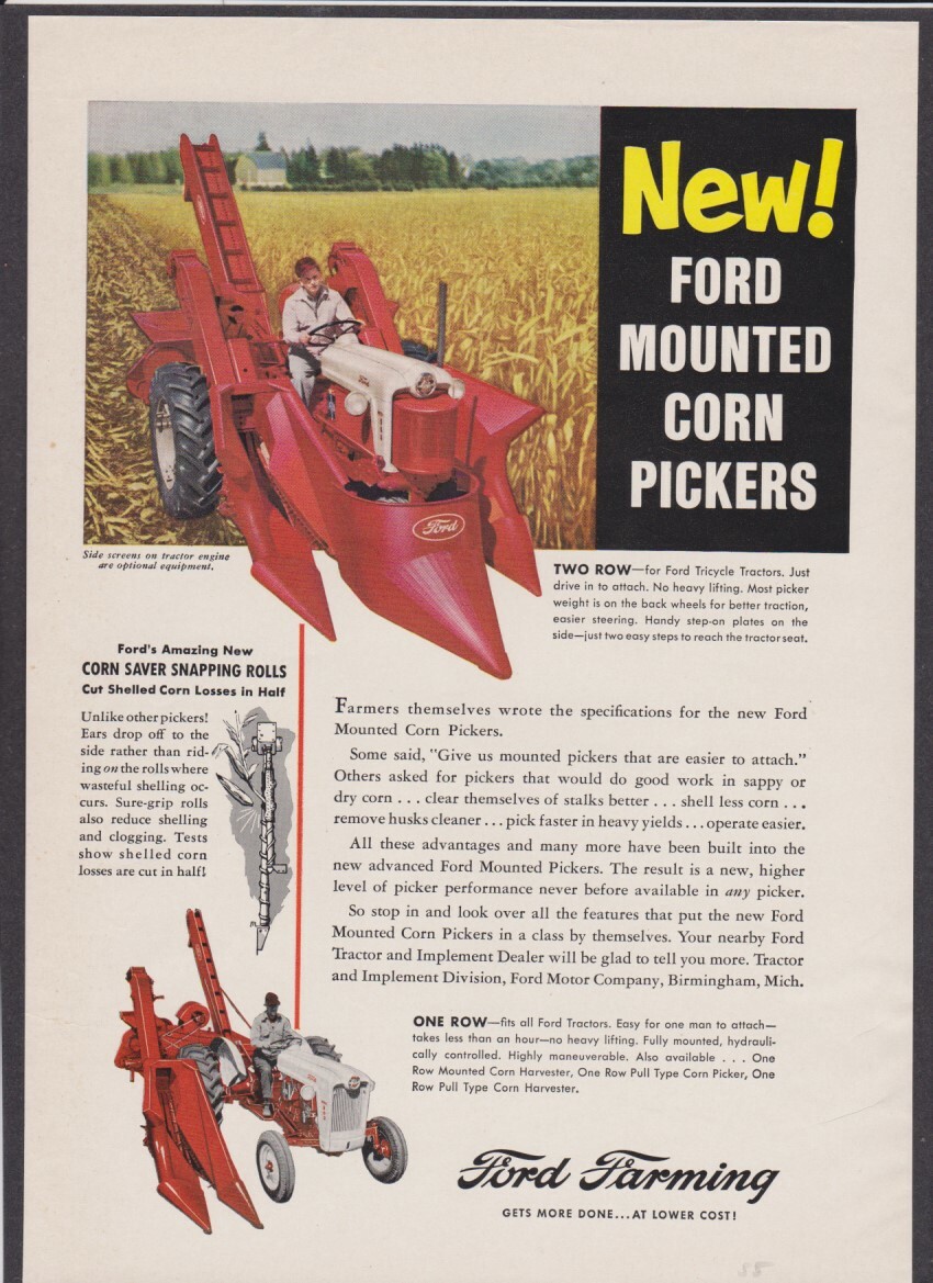1955 Ford Tractor Ad Features Ford Mounted Corn Pickers Tricycle ...