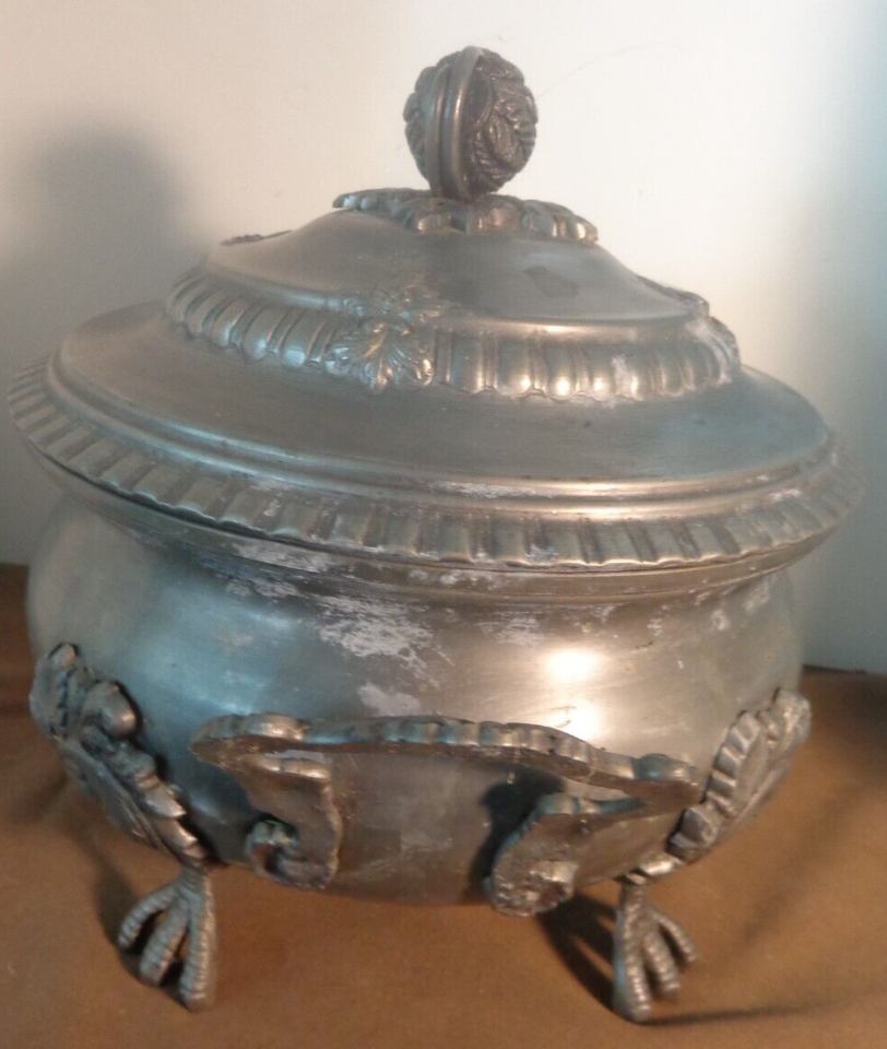 1880 Antique European Lidded Pewter Center Piece Bowl Claw Feet ...