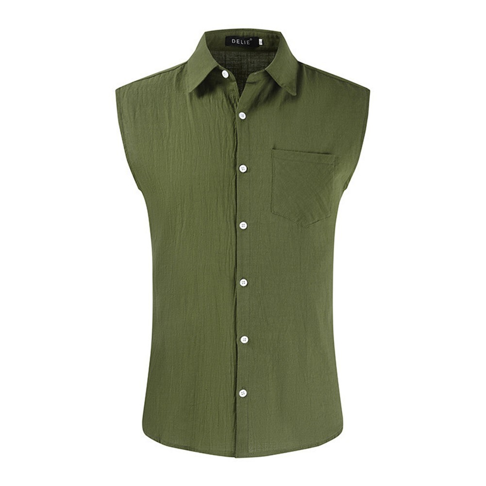 Men's Summer Sleeveless Solid Color Button Up Shirt with Pockets and ...