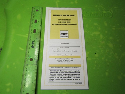 1976 CHEVROLET Vega 140 Cubic 4 CYL Engine WARRANTY PAMPHLET p/n 360291 ...