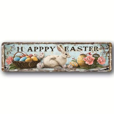 Rustic Metal Happy Easter Sign 16x4 inches Bunny & Easter Eggs Pre ...