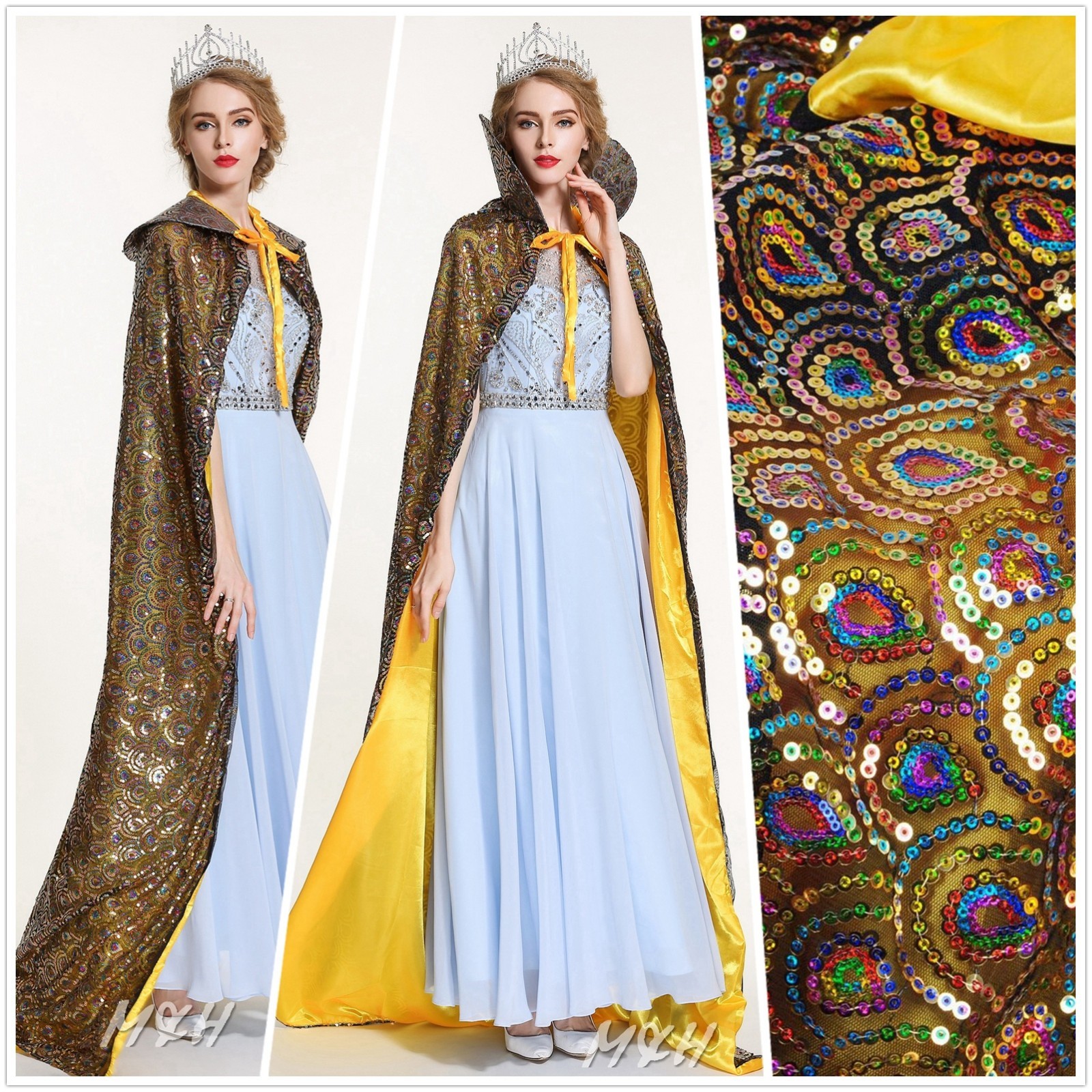 Peacock Scales Sequin Cloak Coat 71" Satin Poncho Cape Bridal Pageant ...
