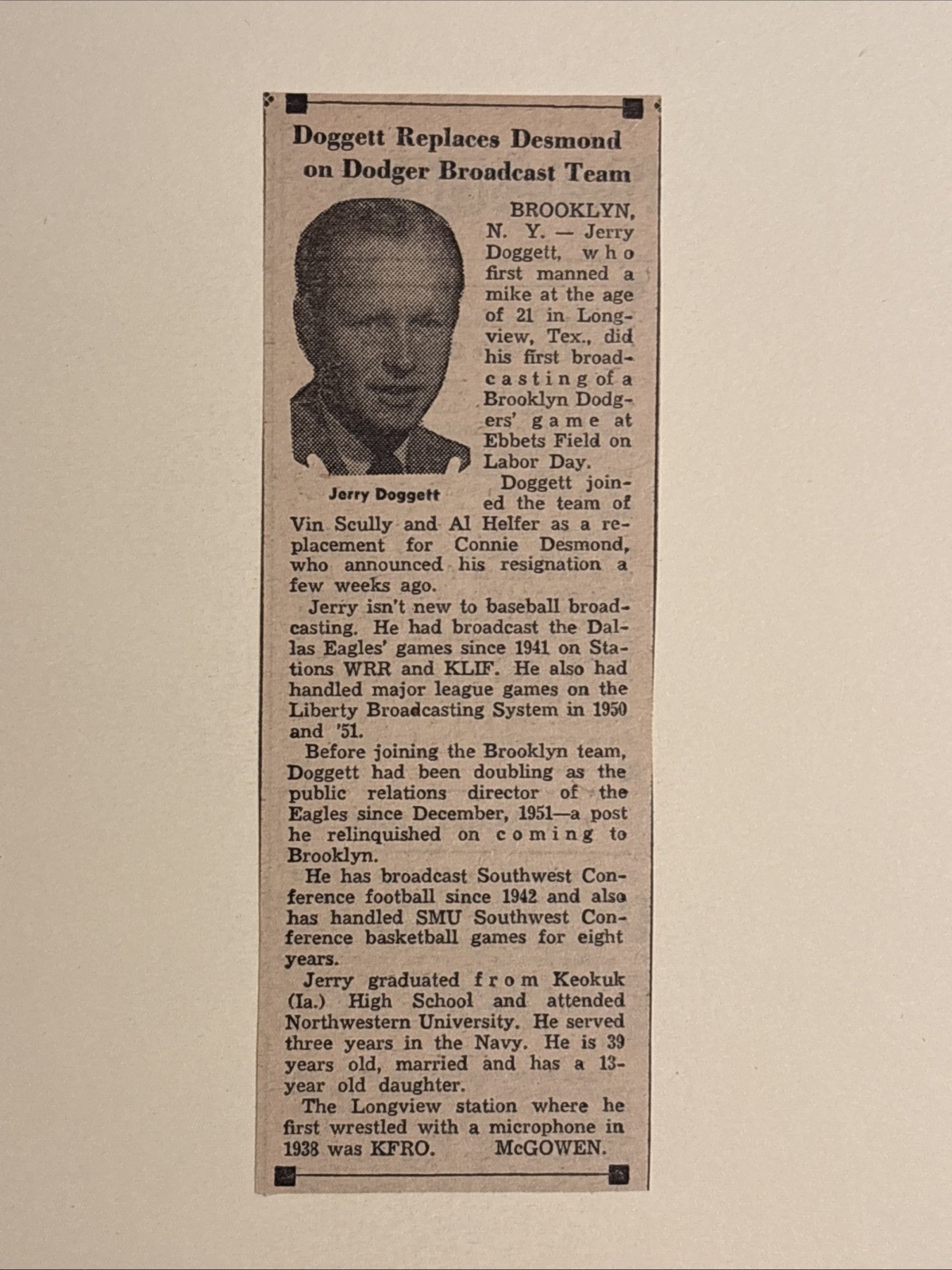Jerry Doggett Brooklyn Dodgers Announcer 1956 Sporting News Baseball ...