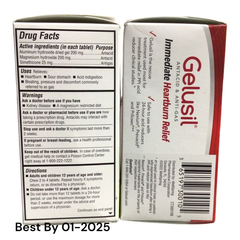 x2 Gelusil Antacid & Anti Gas Heartburn Relief Cool Mint 200 Chewable ...