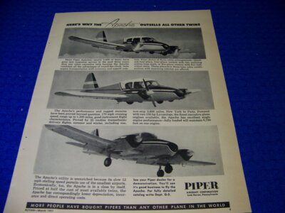 1957 PIPER APACHE "OUTSELLS ALL OTHER TWINS"..1-PAGE ORIGINAL SALES AD ...