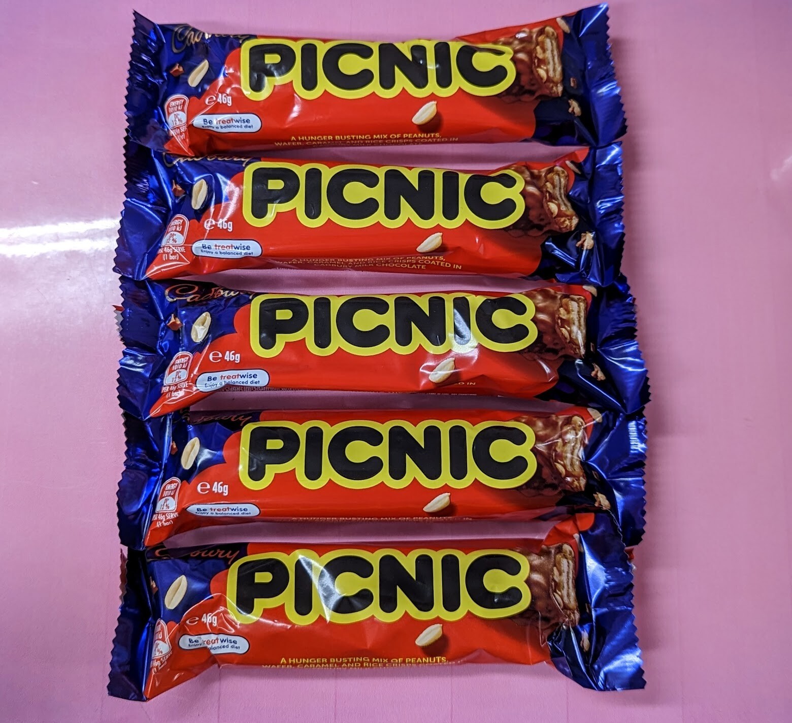 FIVE Cadbury Picnic Australian Import Peanut, Wafer Chocolate Bars 46g ...