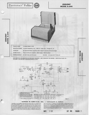 1957 CRESCENT A-644 RECORD PLAYER CHANGER SERVICE MANUAL PHOTOFACT ...