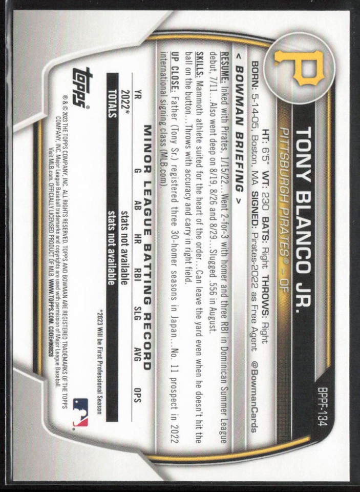 2023 Bowman 1st Edition Tony Blanco Jr. BPPF-134 1st | Pittsburgh ...