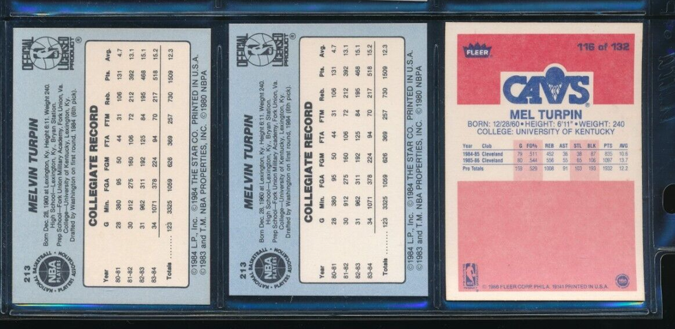 Lot (3) Mel Turpin 1984-85 Star Co. #213 1986 Fleer #116 Cavaliers ...