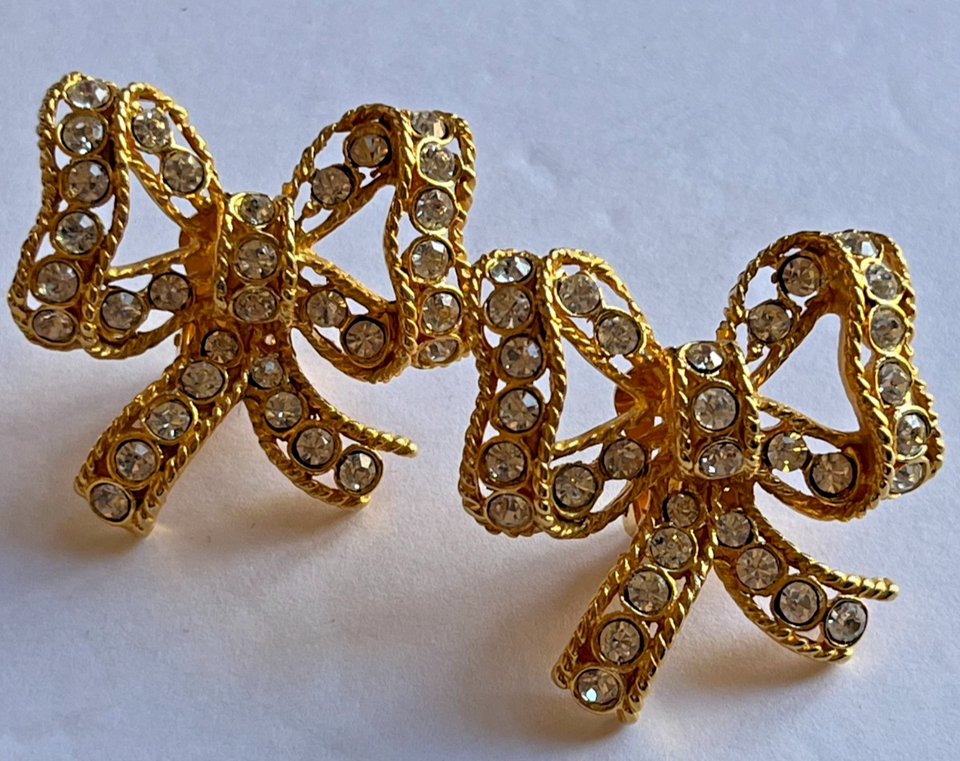 Vintage 1980s Bow Rhinestone Gold Tone Clip Earrings Bridal Statement ...