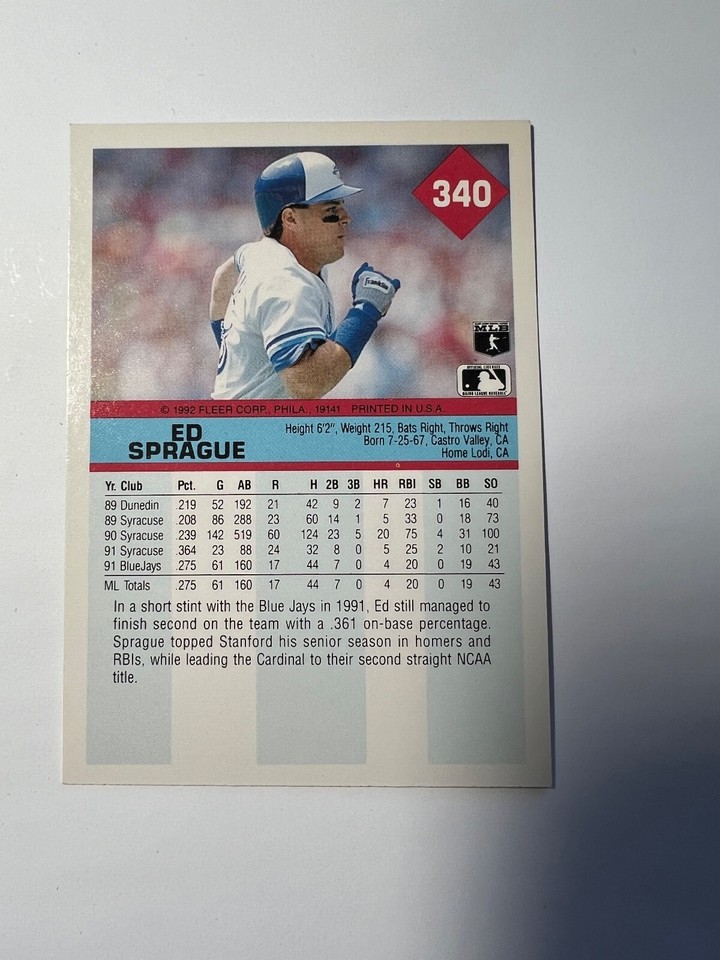 1992 Fleer #340 Ed Sprague Toronto Blue Jays Baseball Card | eBay