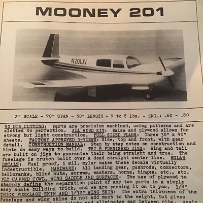 RARE TriR MODELS Mooney 201 2” Scale 70” Kit Balsa MIB Brochure R/C ...
