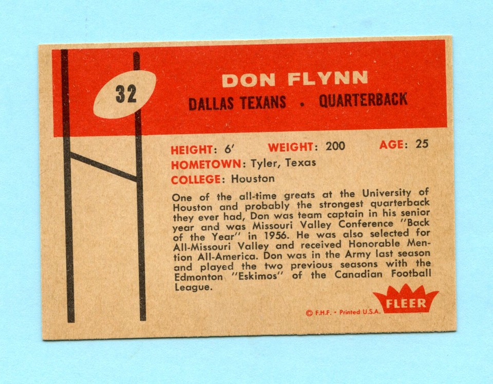 1960 Fleer # 32 Don Flynn - Dallas Texans -- Box 708-234 | eBay