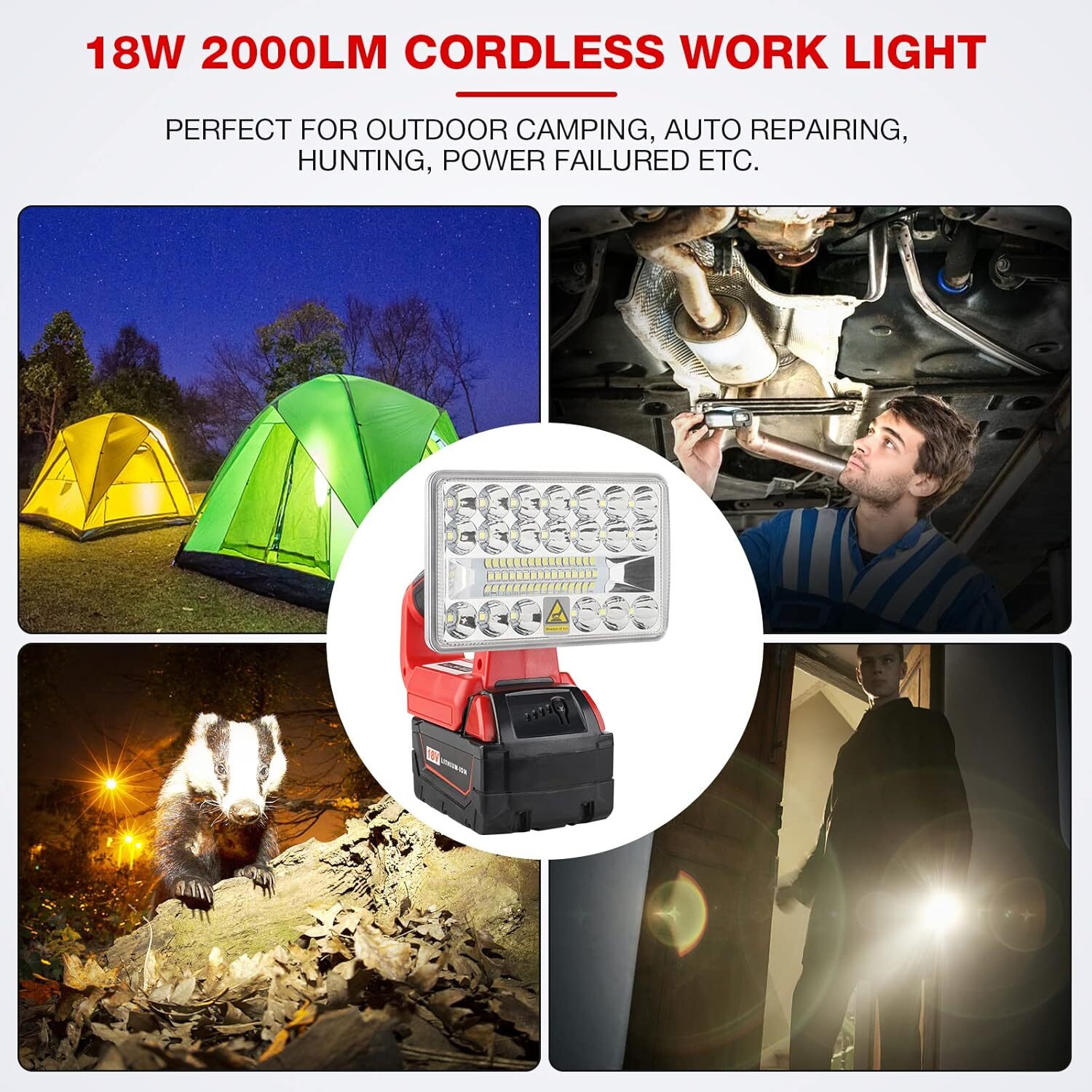 Cordless LED Work Light Powered by Milwaukee M18 18V Li-ion Battery 18W ...