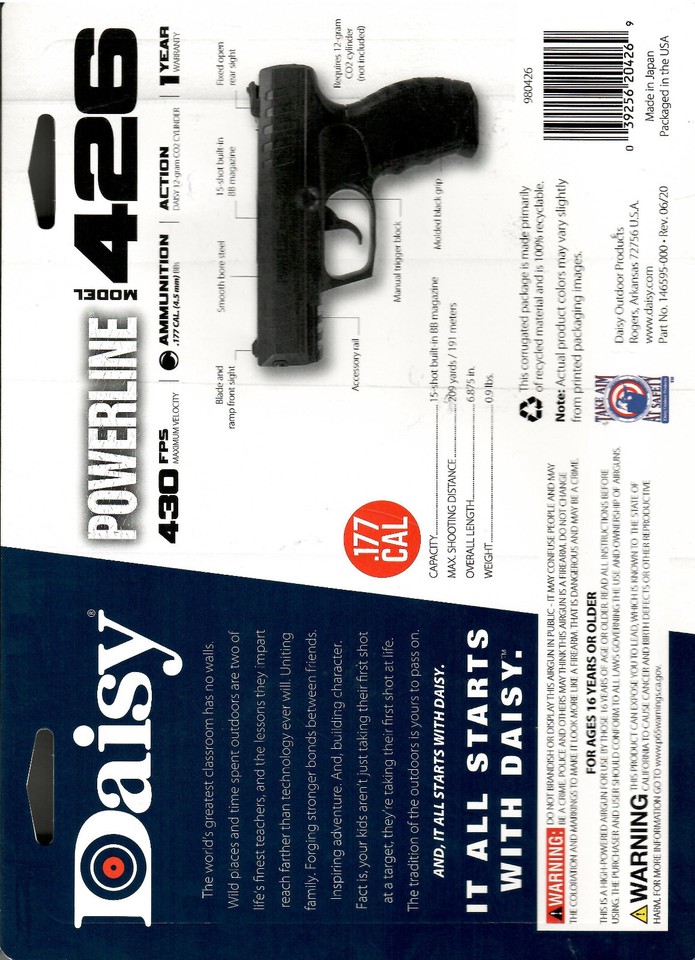 Daisy Powerline 426 Semi-Automatic CO2 .177 BB Gun Air Pistol 15 Rounds ...
