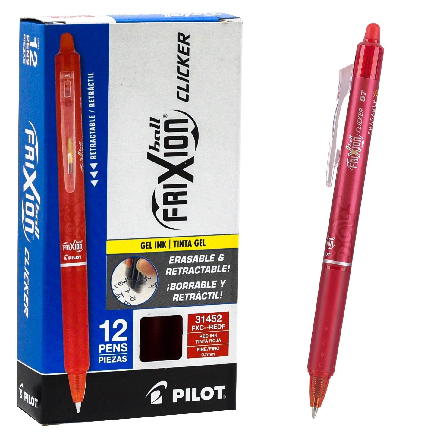 Pilot FriXion Clicker 07 Erasable Pen 31452, Red Gel Ink, 0.7mm Fine ...