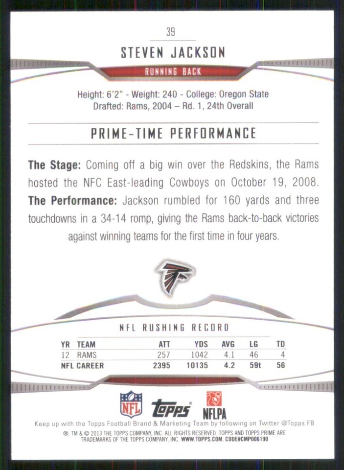 2013 Topps Prime #39 Steven Jackson Atlanta Falcons 3256 | eBay