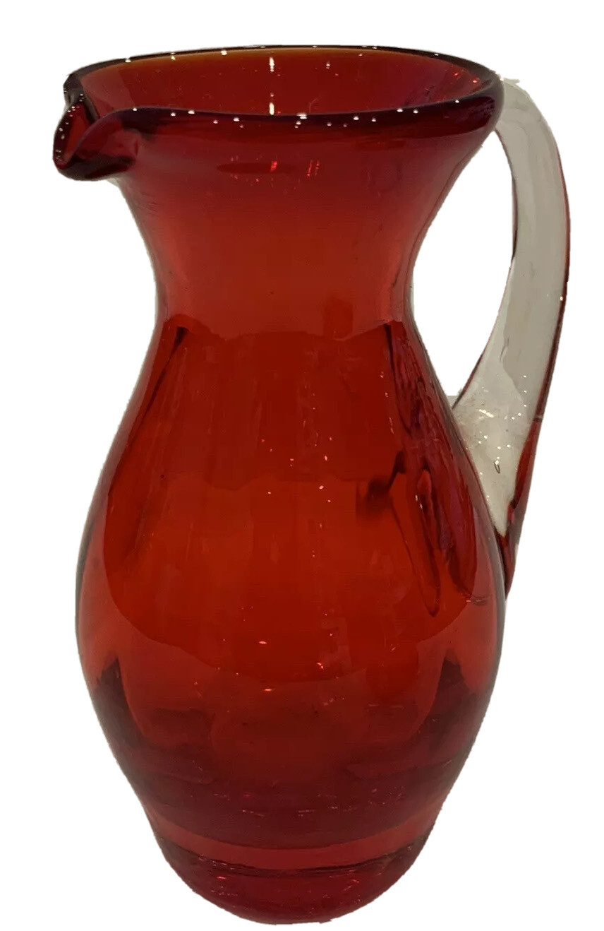 VTG Hand Blown Small Ruby Red Glass Pitcher Jug With Clear Handle #R2 ...