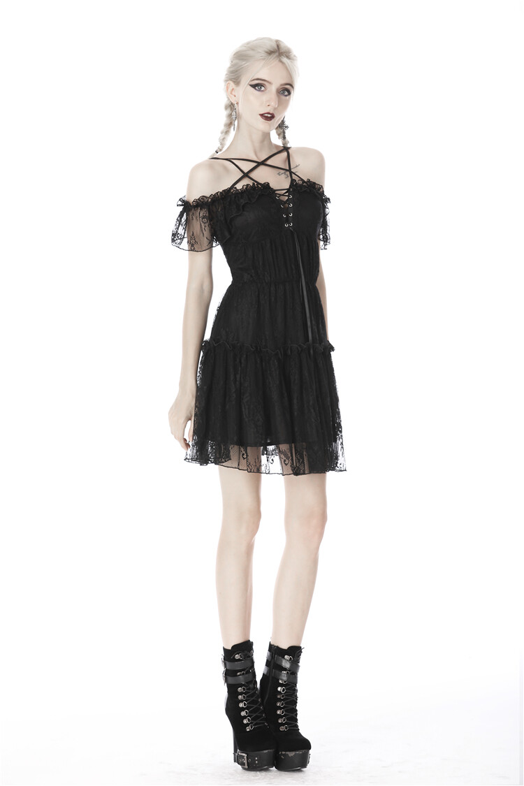DARK IN LOVE Women Gothic Off-The-Shoulder Lace Pentagram Short party ...